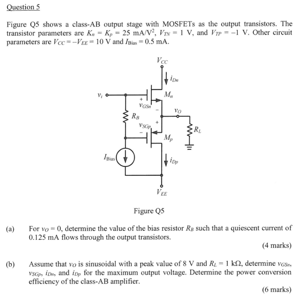 Solved Figure Q5 shows a class-AB output stage with MOSFETs | Chegg.com