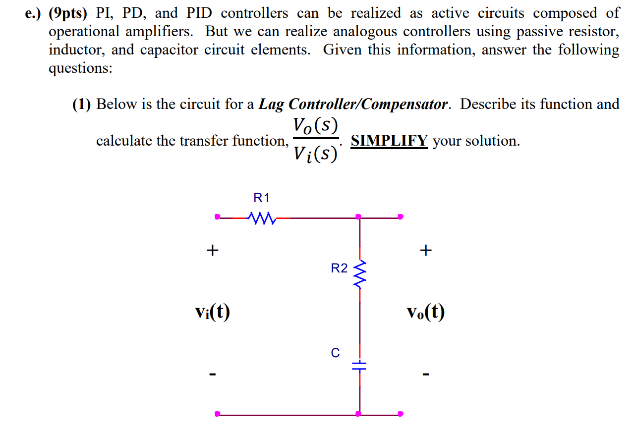Solved e.) (9pts) PI, PD, and PID controllers can be | Chegg.com