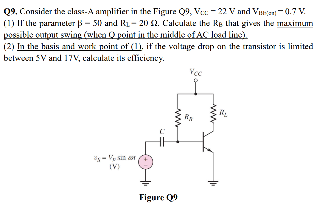 Solved Q9. Consider the class-A amplifier in the Figure Q9, | Chegg.com