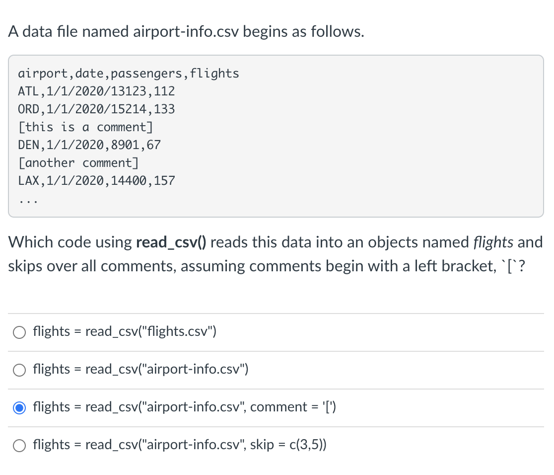 Solved A data file named airport-info.csv begins as follows. | Chegg.com
