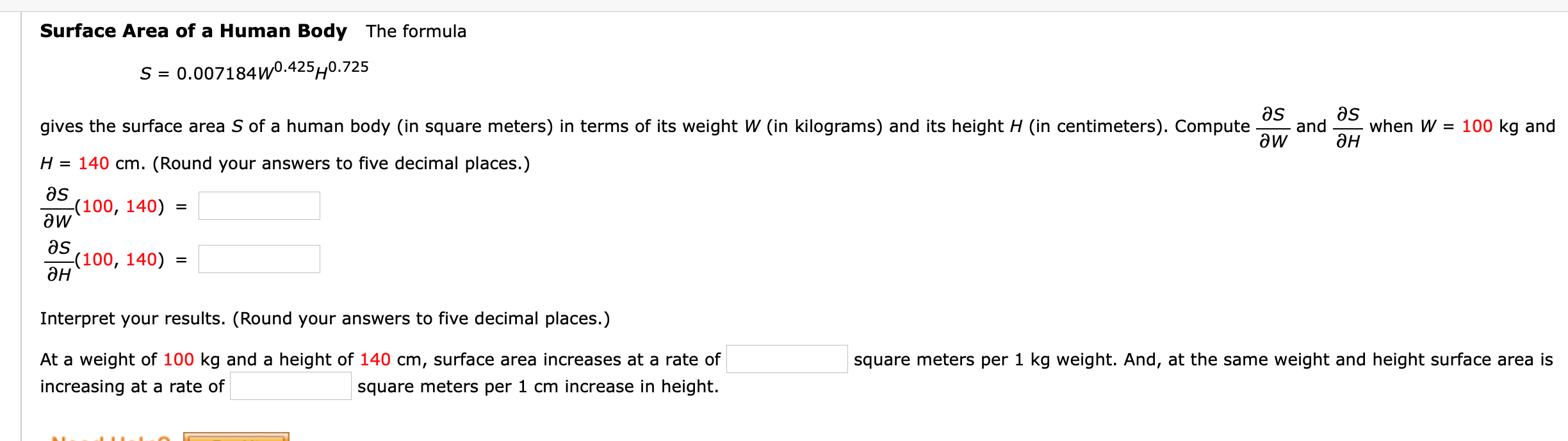 Solved Surface Area of a Human Body The formula S = | Chegg.com