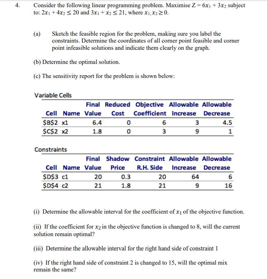Solved 4. Consider the following linear programming problem. | Chegg.com