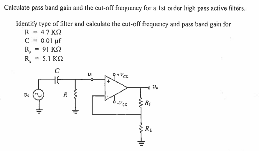 Calculate pass band gain and the cut-off frequency | Chegg.com