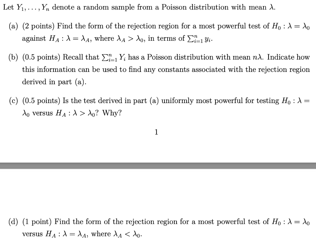 Let Y1,…,Yn denote a random sample from a Poisson | Chegg.com