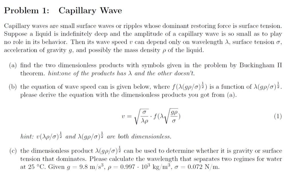 Solved Problem 1: Capillary Wave Capillary waves are small | Chegg.com