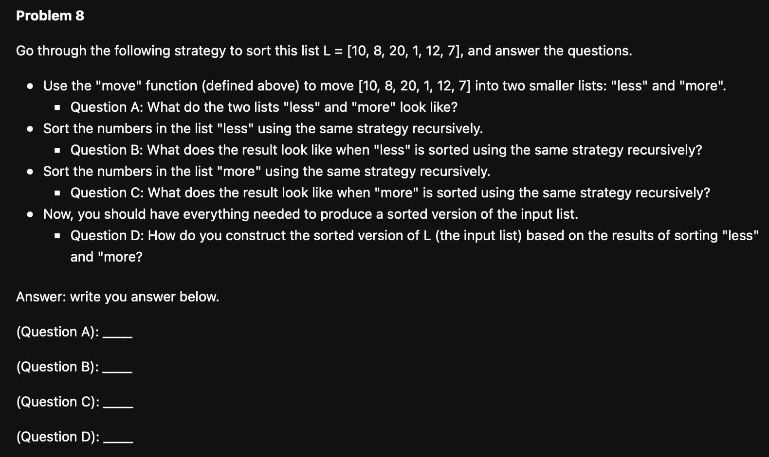 Solved Go through the following strategy to sort this list | Chegg.com