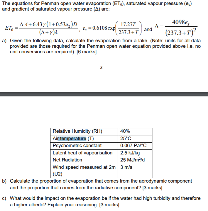 Solved The equations for Penman open water evaporation (ET), | Chegg.com