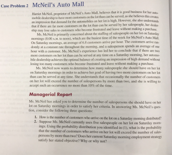Case Problem 2 McNeil's Auto Mall Harriet McNeil, | Chegg.com