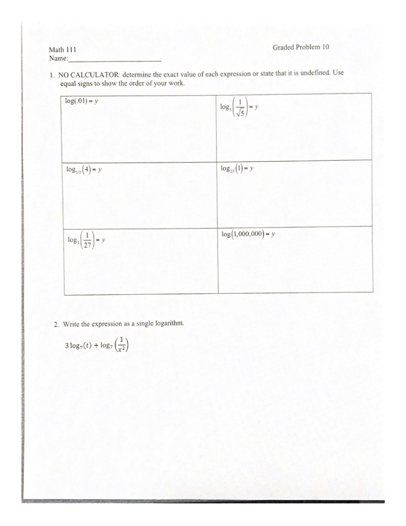 Solved Graded Problem 10 Math 111 Name: 1. NO CALCULATOR: | Chegg.com