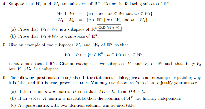 Solved 4. Suppose that Wi and W2 are subspaces of R". Define | Chegg.com