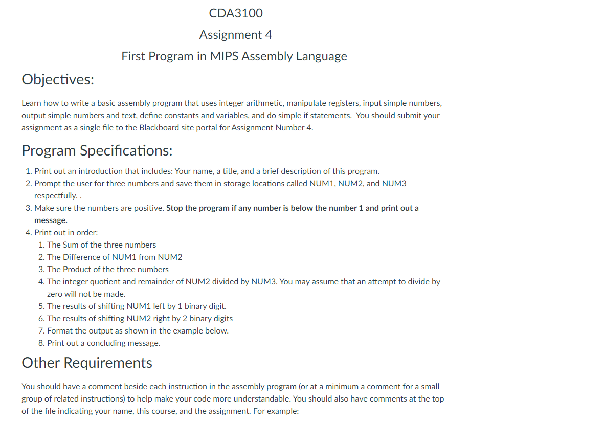 Solved CDA3100 Assignment 4 First Program in MIPS Assembly | Chegg.com