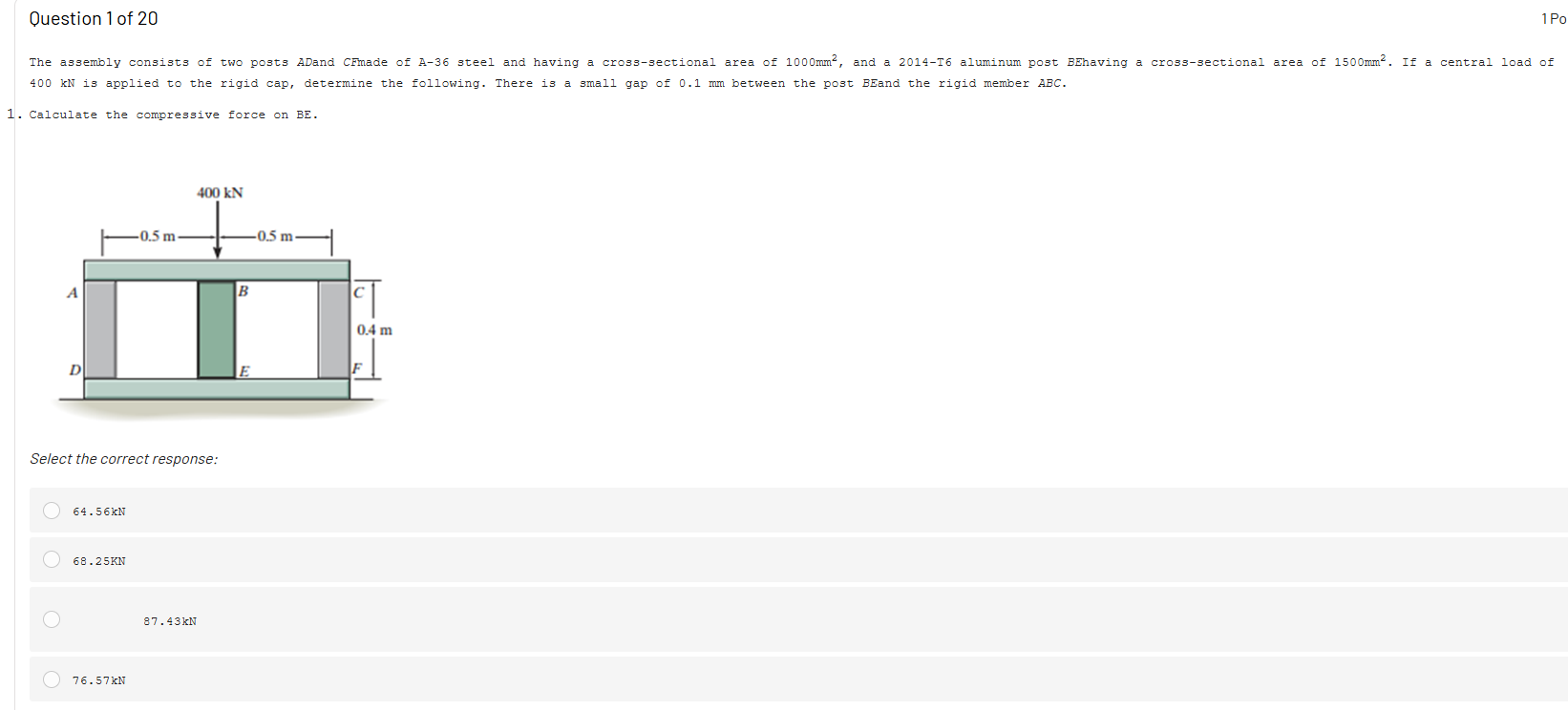 Solved Question 1 ﻿of 20 400 ﻿kN is applied to the rigid | Chegg.com