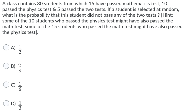 Solved A class contains 30 students from which 15 have | Chegg.com