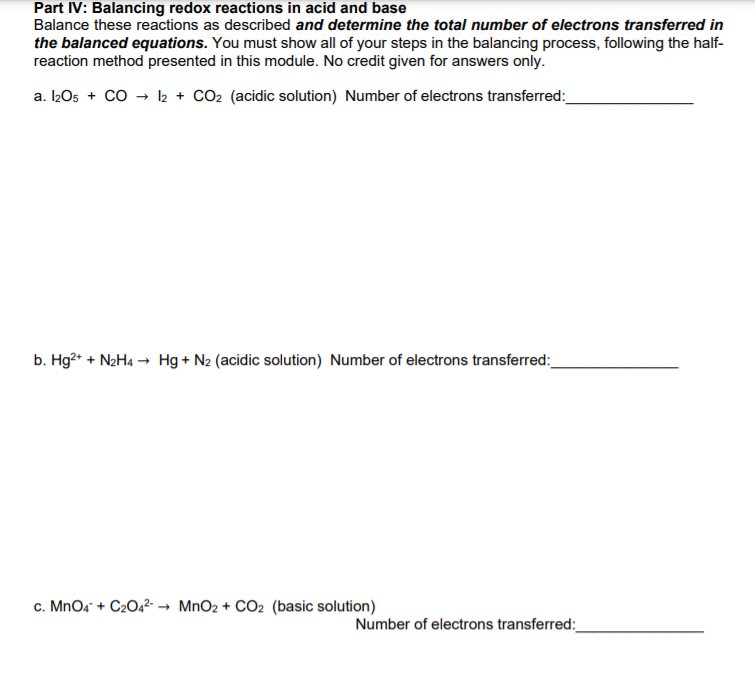 Solved Part IV: Balancing redox reactions in acid and base | Chegg.com