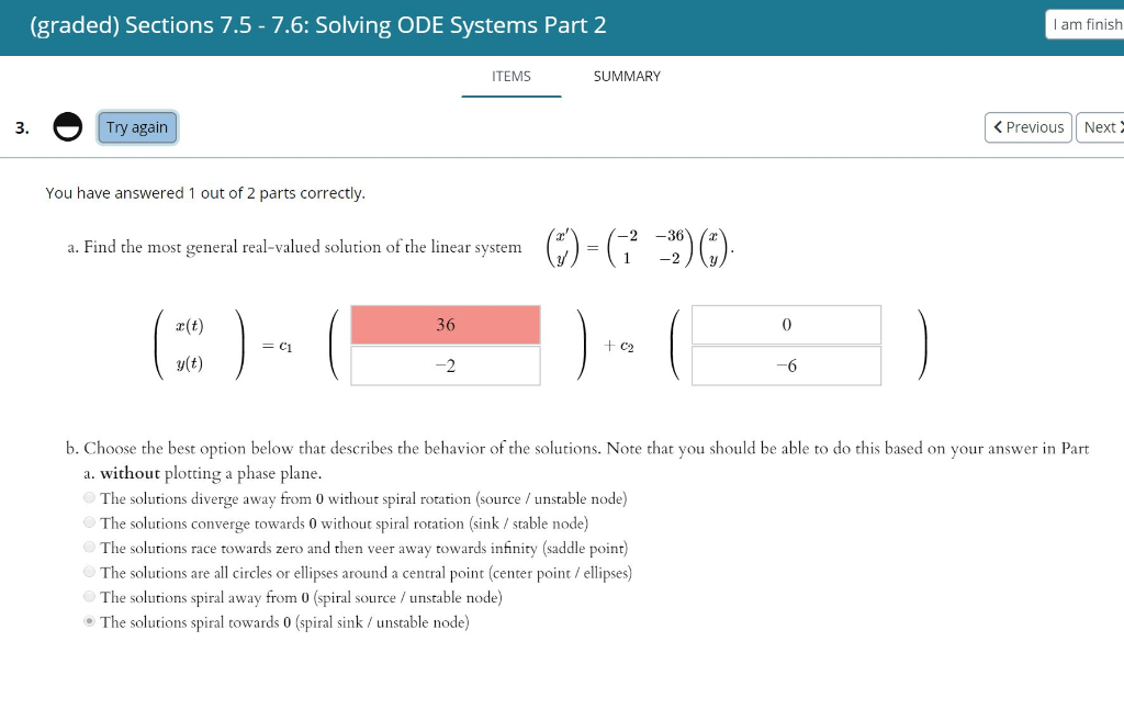 Solved (graded) Sections 7.5 - 7.6: Solving ODE Systems Part | Chegg.com