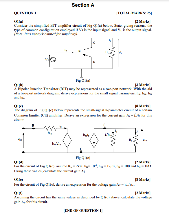 Solved Q1(a) [2 Marks] Consider the simplified BJT amplifier | Chegg.com