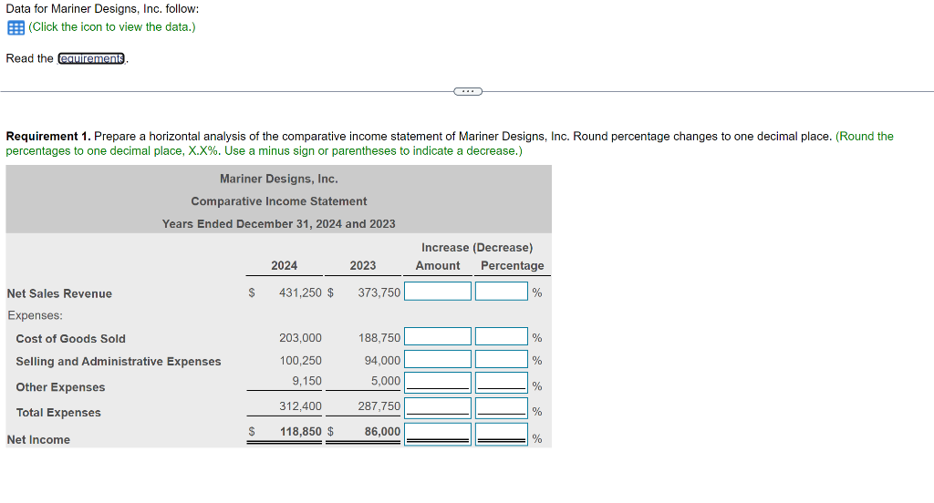 Solved Mariner Designs, Inc. Comparative Income Statement | Chegg.com