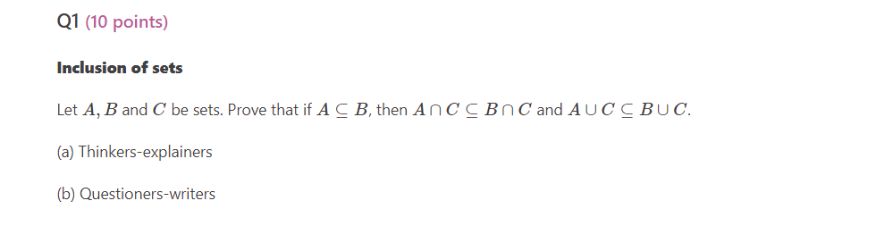 Solved Q1 (10 points)\\nInclusion of sets\\nLet A,B and C be | Chegg.com