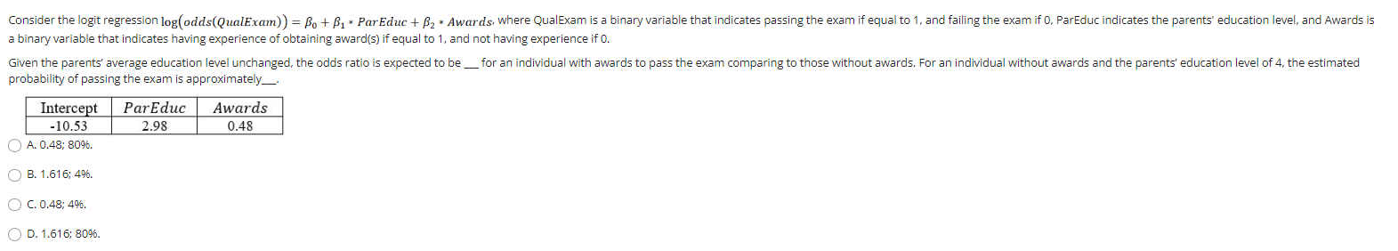 Solved Consider the logit regression log(odds(QualExam)) = | Chegg.com