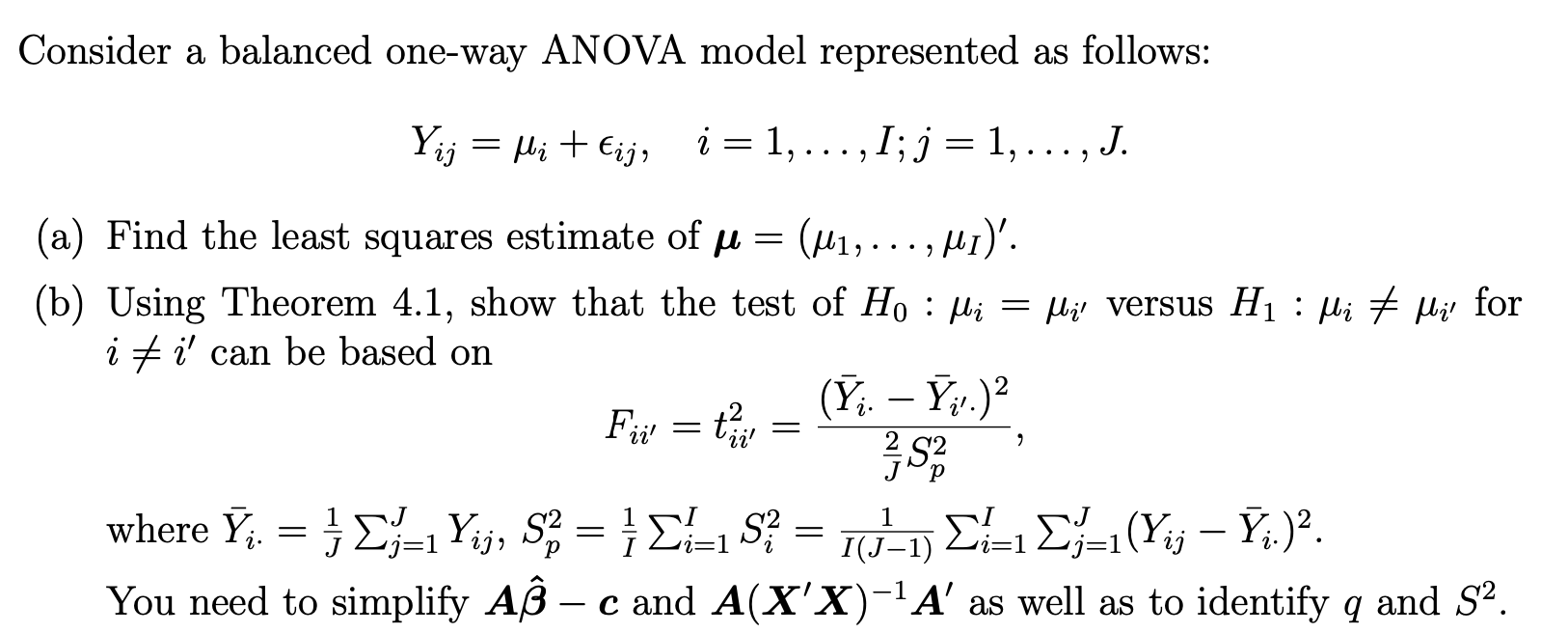 Solved Consider a balanced one-way ANOVA model represented | Chegg.com