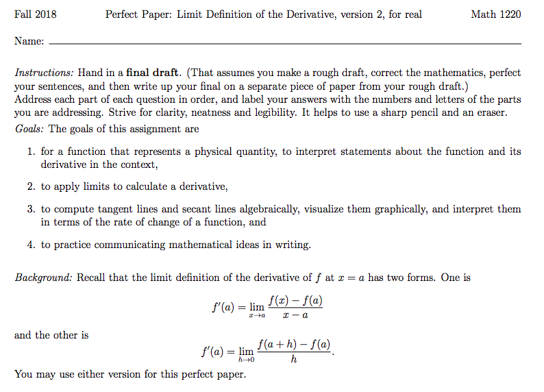 Fall 2018 Perfect Paper: Limit Definition of the | Chegg.com