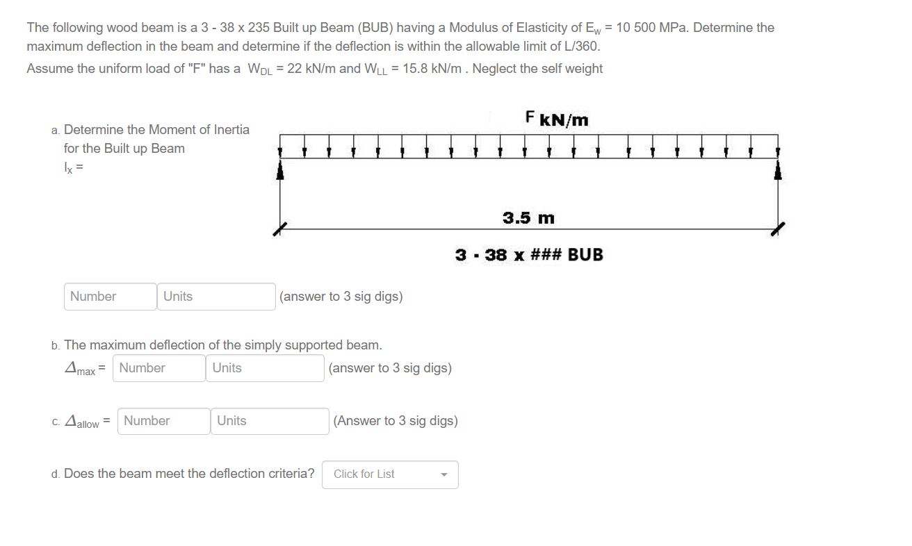 Solved The following wood beam is a 3-38×235 ﻿Built up ﻿Beam | Chegg.com