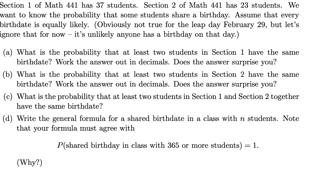 Solved Section 1 of Math 441 has 37 students. Section 2 of | Chegg.com