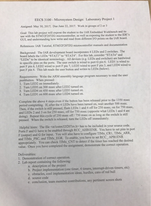 EECS 3100-Microsystem Design: Laboratory Project | Chegg.com