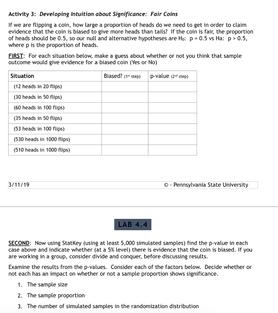 Solved Activity 3: Developing Intuition about Significance: | Chegg.com