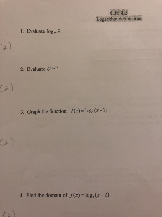 Solved CH 4.2 Logarithmic Functions 1. Evaluate log2,9. 2. | Chegg.com
