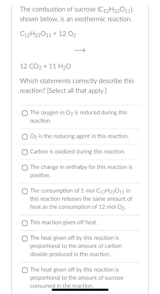 Solved The combustion of sucrose (C12H22O11), shown below, | Chegg.com