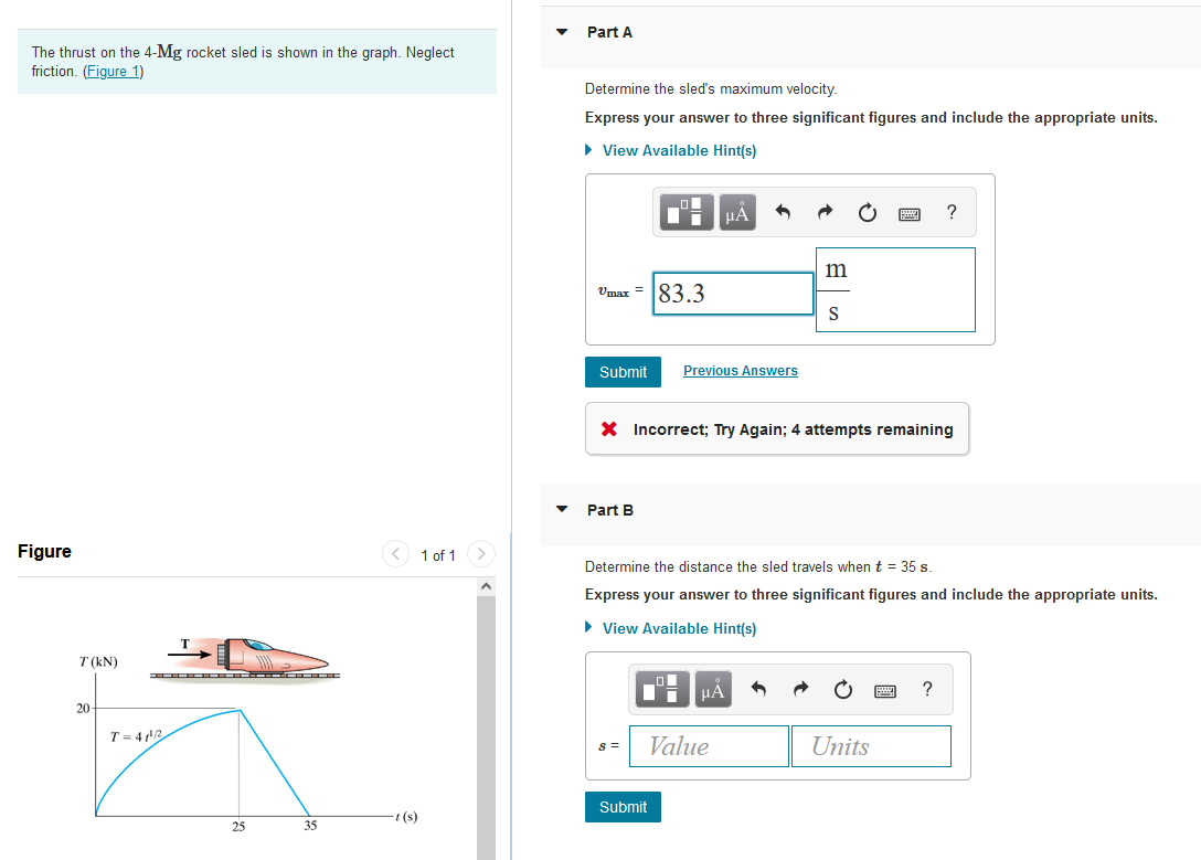 Solved The thrust on the 4-Mg rocket sled is shown in the | Chegg.com