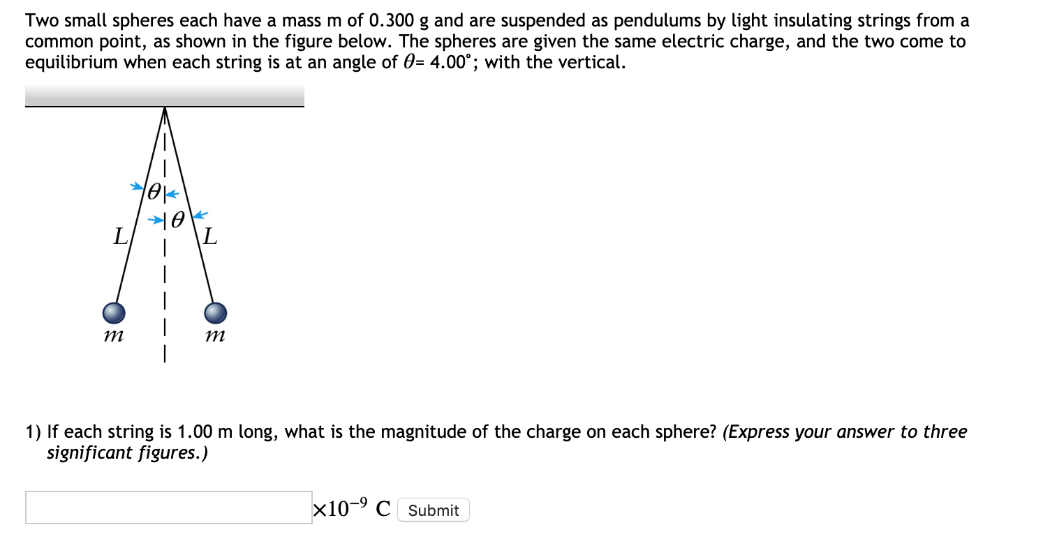 Solved Two small spheres each have a mass m of 0.300 g and | Chegg.com