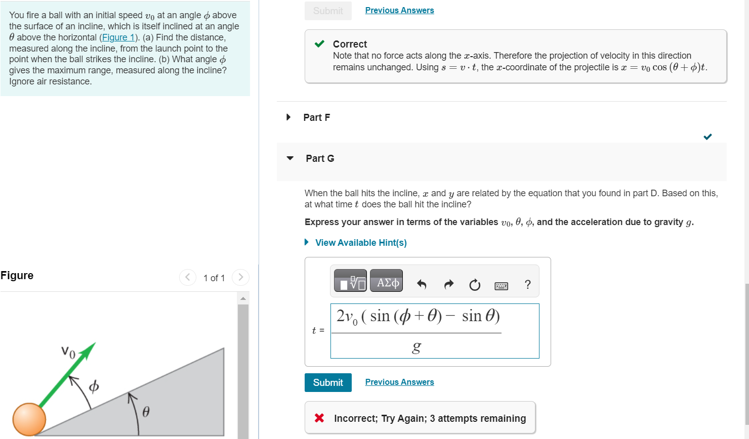 Solved PART G PLEASE You fire a ball with an initial speed | Chegg.com