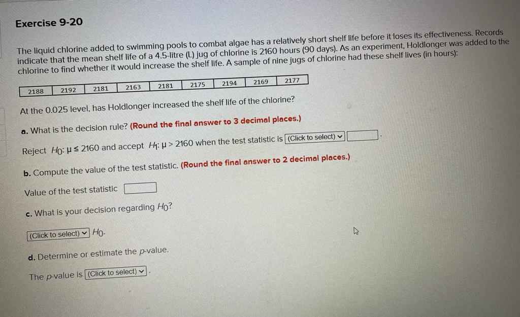 Solved Exercise 9-20 The liquid chlorine added to swimming | Chegg.com