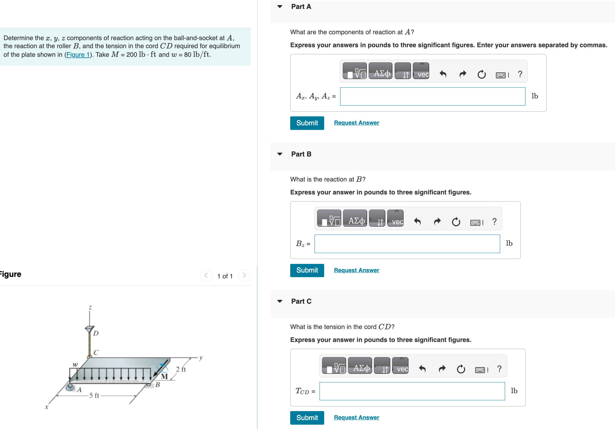 Solved Part ADetermine the x,y,z ﻿components of reaction | Chegg.com