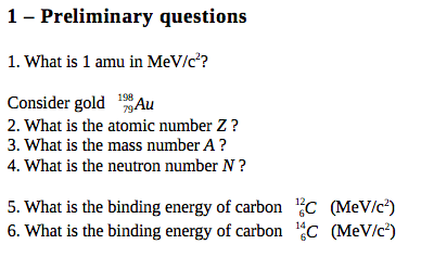 Solved 1 - Preliminary questions 1. What is 1 amu in MeV/c?? | Chegg.com