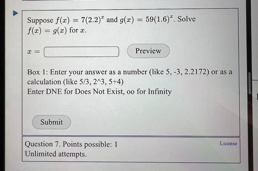Solved Suppose f(x)=7(2.2)x and g(x)=59(1.6)x. Solve | Chegg.com