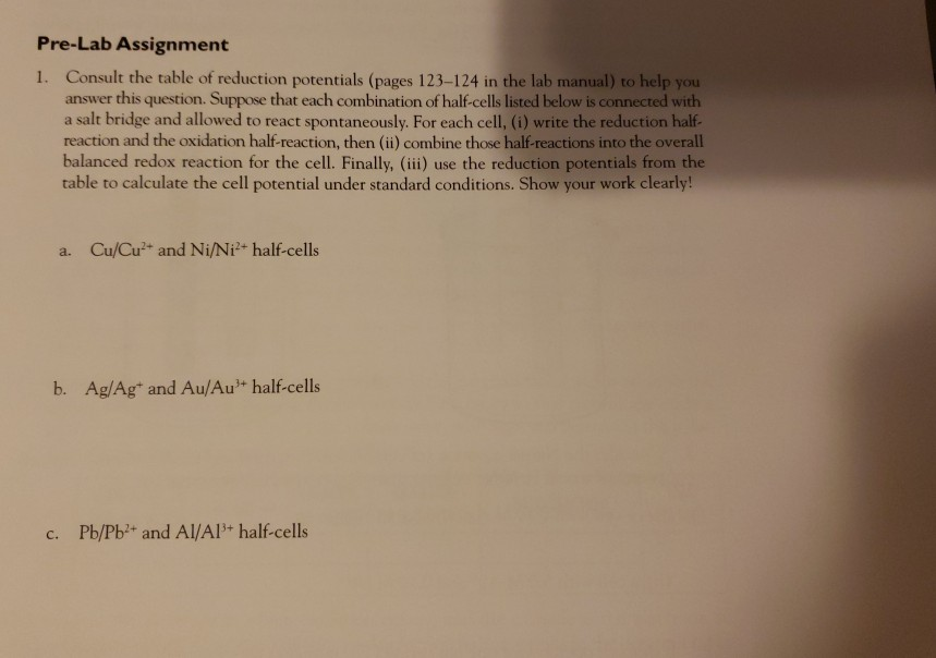 Solved Pre-Lab Assignment 1. Consult the table of reduction | Chegg.com