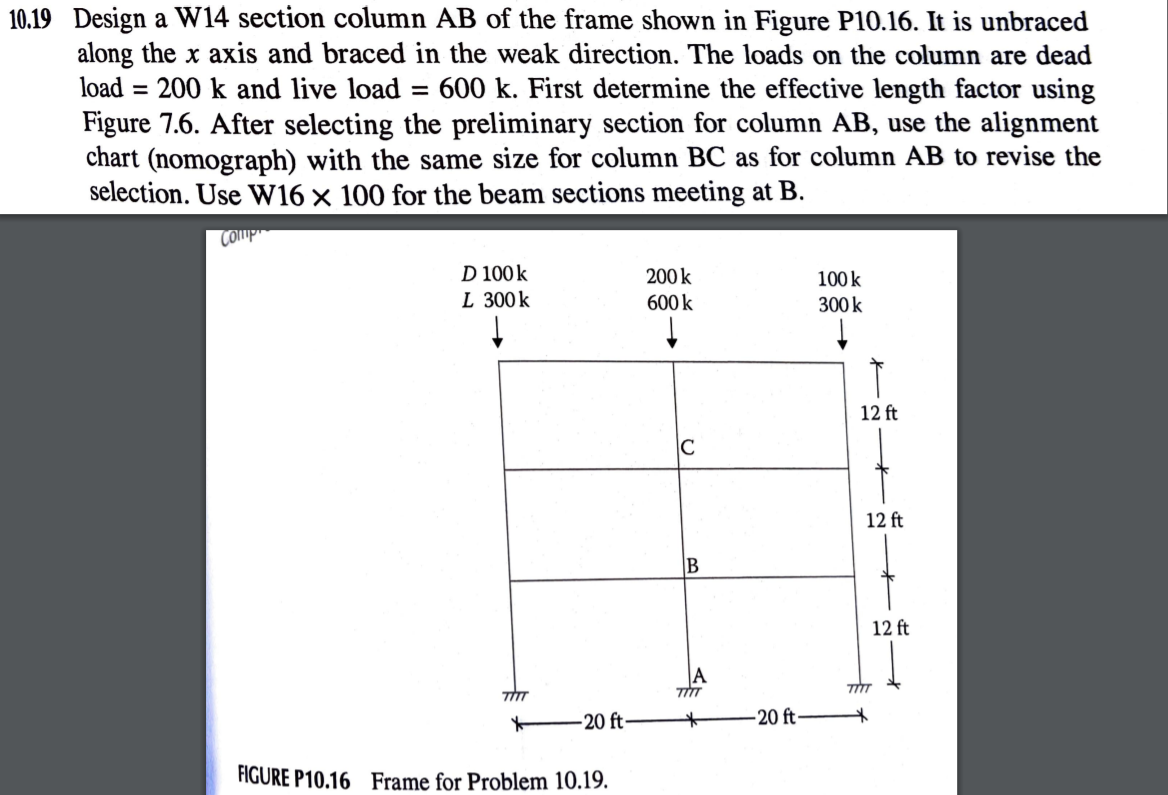 Solved = 10.19 Design a W14 section column AB of the frame | Chegg.com