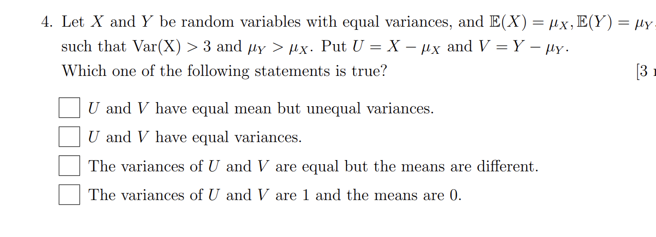 Solved 4. Let X and Y be random variables with equal | Chegg.com
