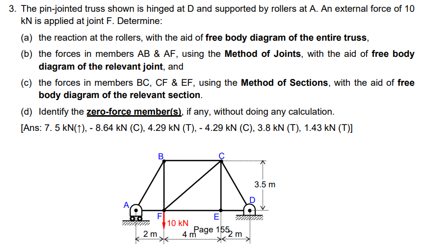 Solved 3. The pin-jointed truss shown is hinged at D and | Chegg.com