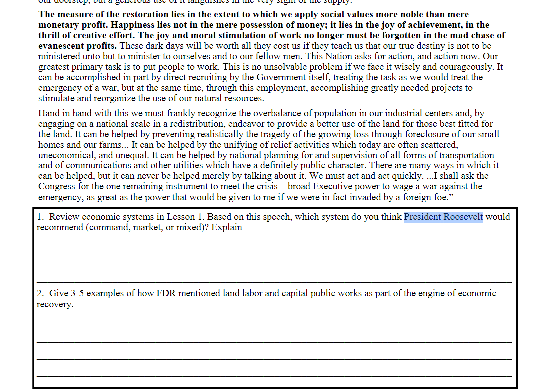 Solved Rev. 05/09/19 FDR's Inaugural Address: Government | Chegg.com