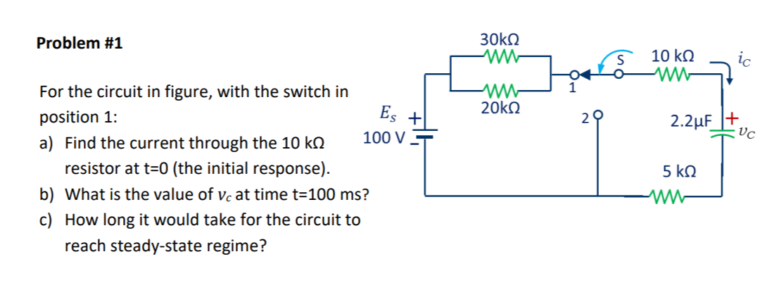 Solved Problem #1 30kΩ S 10 ks ic 20kΩ 20 2.2uF + VC For the | Chegg.com
