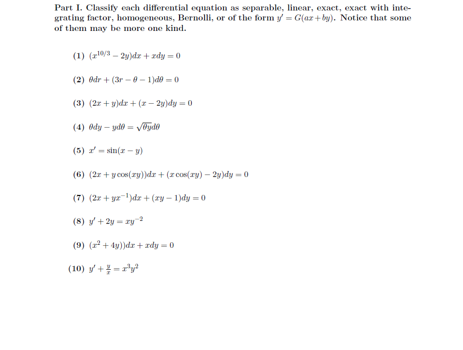 Solved Part I. Classify each differential equation as | Chegg.com