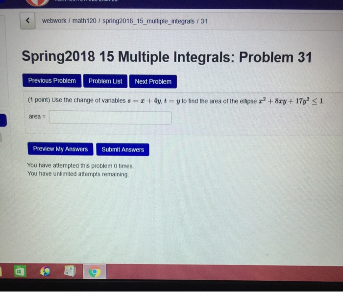 Solved Spring2018 15 Multiple Integrals: Problem 30 Previous | Chegg.com