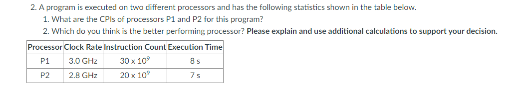 Solved 2. A program is executed on two different processors | Chegg.com