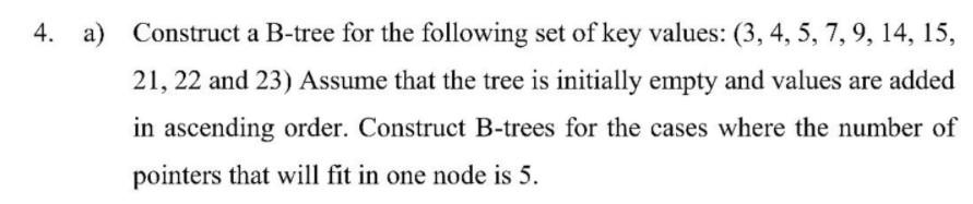 Solved 4. a) Construct a B-tree for the following set of key | Chegg.com