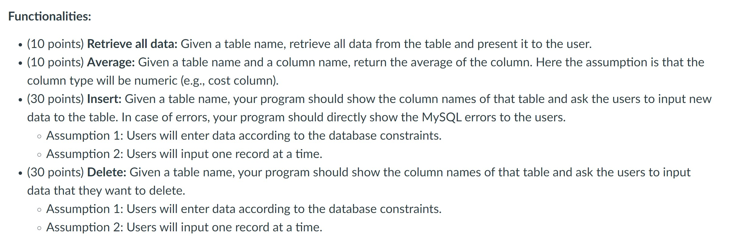 Solved Functionalities: (10 points) Retrieve all data: | Chegg.com