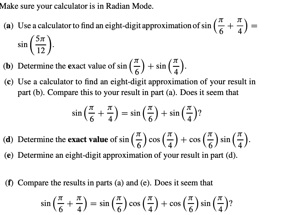 Solved Make sure your calculator is in Radian Mode. π (a) | Chegg.com